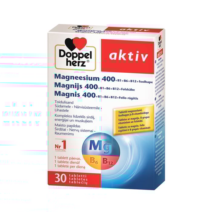 DOPPELHERZ magnis 400+B1+B6+B12+folio rūgštis, 30 tablečių ...
