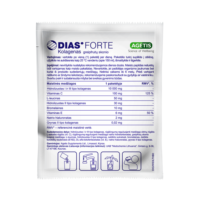AGETIS DIAS FORTE tirpus kolagenas, greipfrutų skonio, 30 paketėlių ...