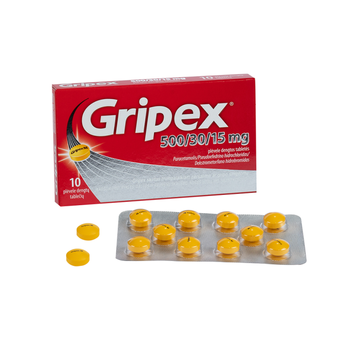 GRIPEX, 500mg/30mg/15mg, plėvele dengtos tabletės, N10 | eurovaistine.lt